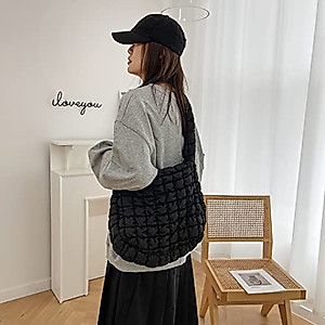 Rejolly Puffer Shoulder Bag for Women Quilted Puffy Lightweight Nylon Handbag Large Padded Soft Purse Black