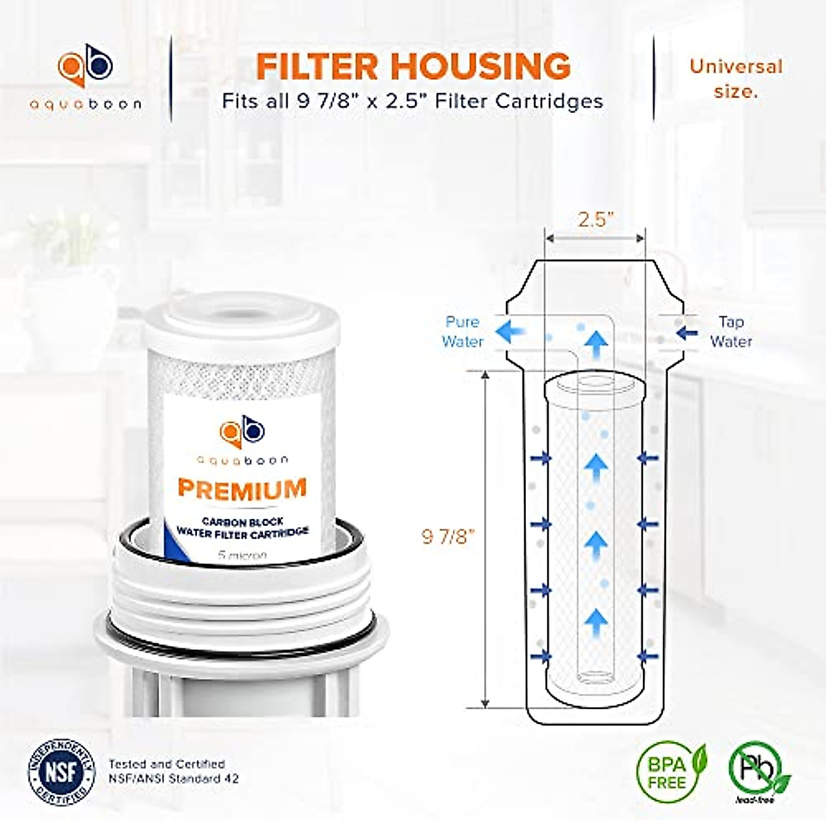 Aquaboon Universal 5 Micron 10 x 2.5 inch Cartridge | Premium Whole House Replacement Water Filter Cartridge | Coconut Shell Activated Carbon Block CTO | Compatible with Whirlpool WHA2BF5, 6 Pack