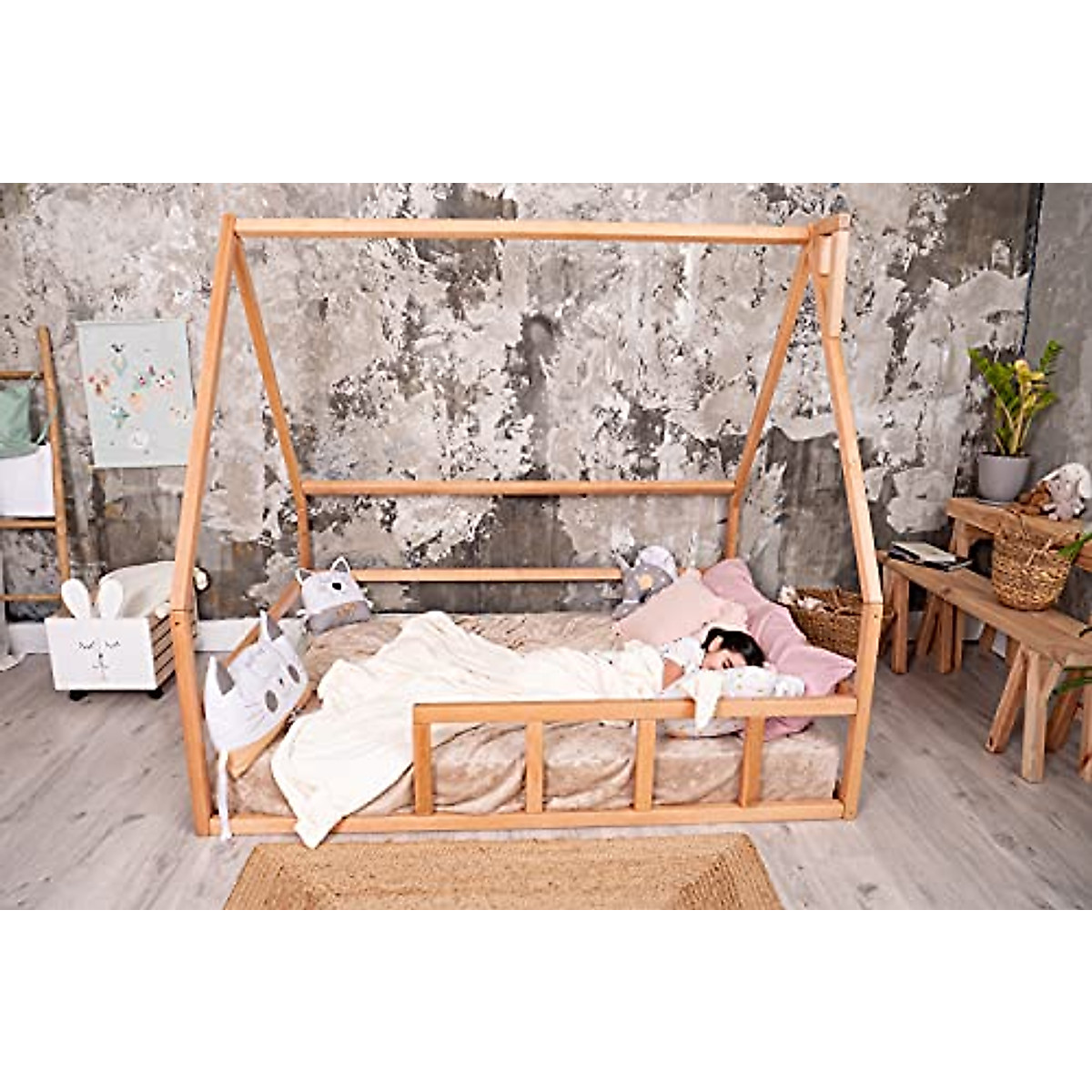 BUSYWOOD Montessori Platform Bed - Toddler bed - Kids Floor Bed House Frame - Natural Wood Daybed Frame - Unique bed (Model 1, Natural Wood, Floor Bed)