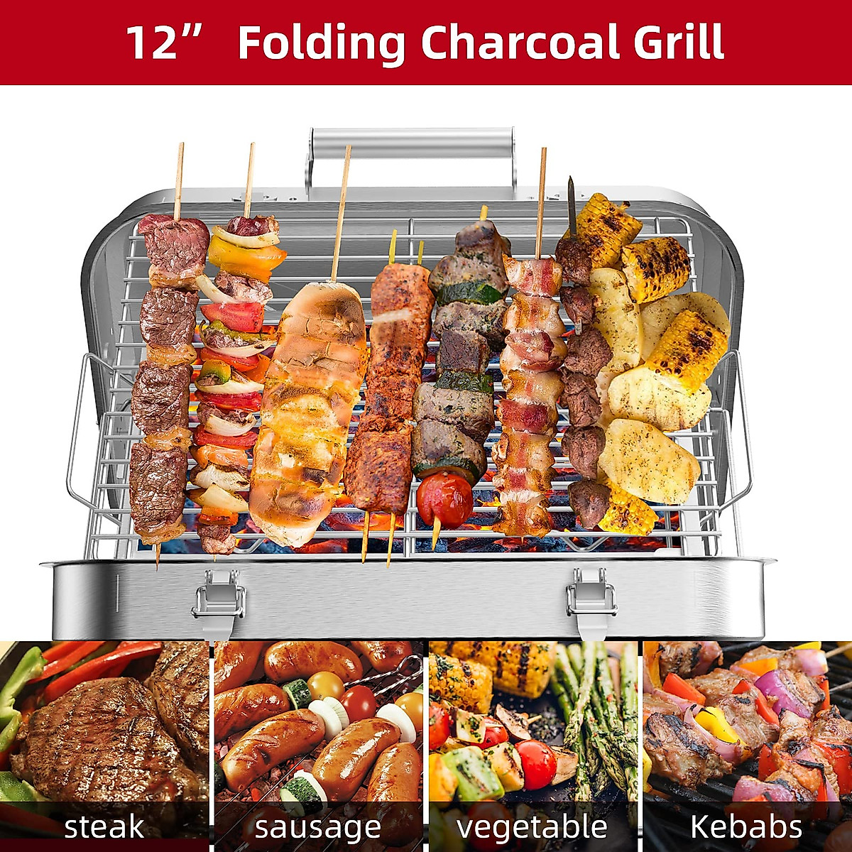 Charcoal Grill COWEKAI Portable Folding Barbecue Grill BBQ Smoker Stainless Steel Durable Tabletop Tool Kits for Outdoor Picnic Patio Backyard Camping Cooking (BK-15.7"L× 12.6"H × 12.4"W)
