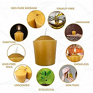 BeeTheLight Votive Candles (Pack of 12) - Unscented - 15 Hours Burn Time Each - Naturally Light Honey Scented - 100% Pure Beeswax Candles - Handmade Decorative Votive Candle Set
