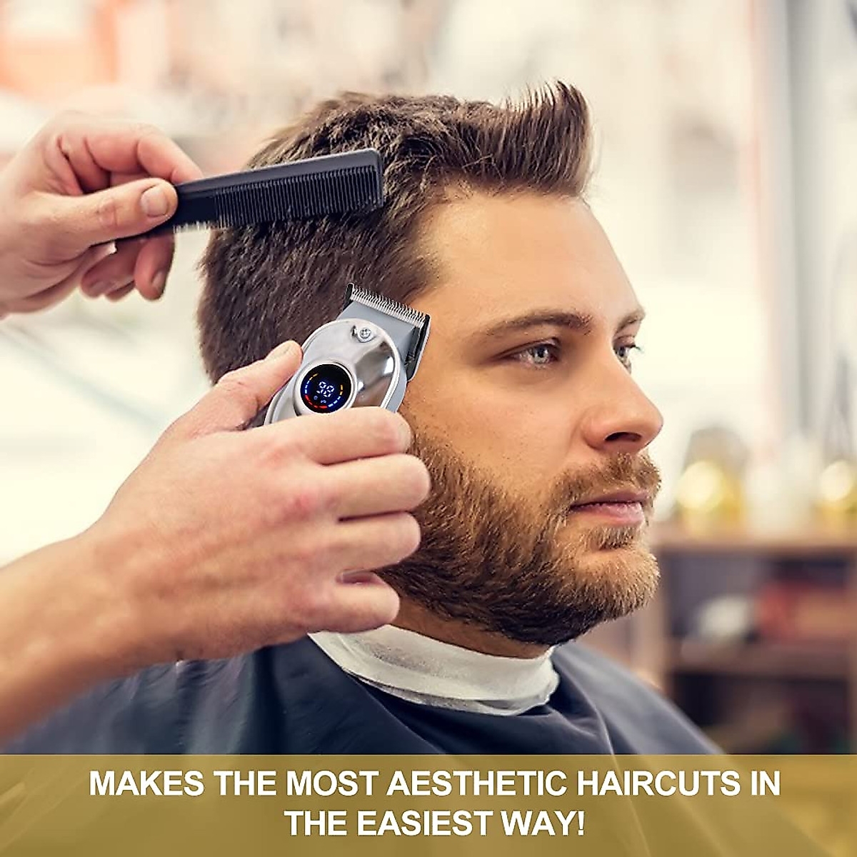 Hatteker Hair Clippers for Men Professional, Cordless Barber Clippers for Hair Cutting and Grooming, Upgrade Rechargeable Beard Trimmer Large Smart LED Display & IPX7 Waterproof (Silver)