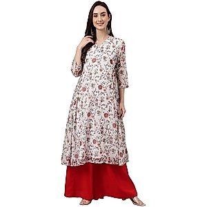 Janasya Indian Women's White Chiffon Lurex Floral Printed flared Kurta