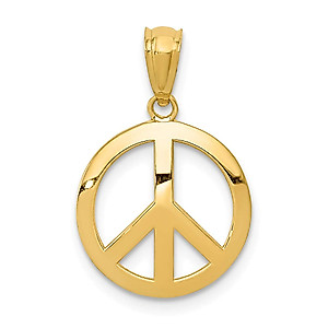 Solid 14k Yellow Gold Peace Sign Circle Pendant Charm - 30mm x 12mm