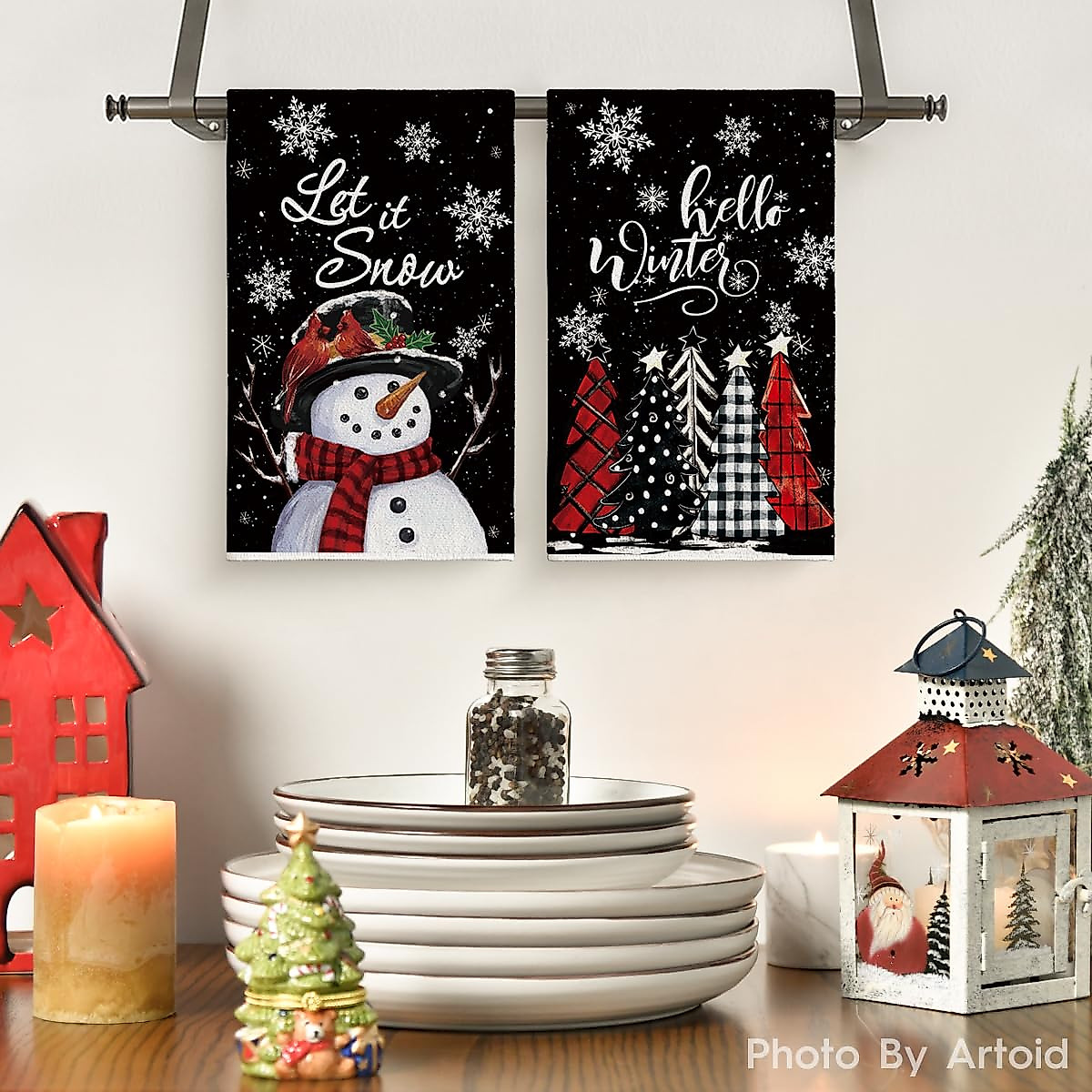 Artoid Mode Black Snowman Let It Snow Xmas Trees Hello Winter Kitchen Towels Dish Towels, 18x26 Inch Daily Seasonal Christmas Decoration Hand Towels Set of 2