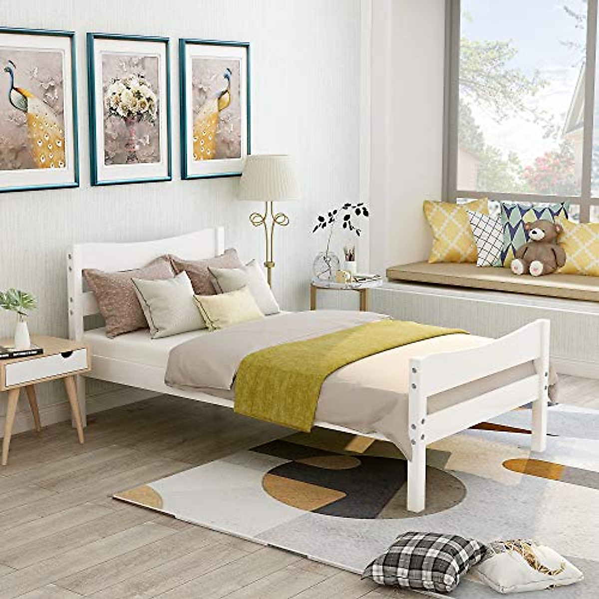 SOFTSEA Twin Size Platform Bed Frame, Wood Kid's Bed Frame with Headboard and Footboard, Mattress Foundation No Box Spring Needed (White)