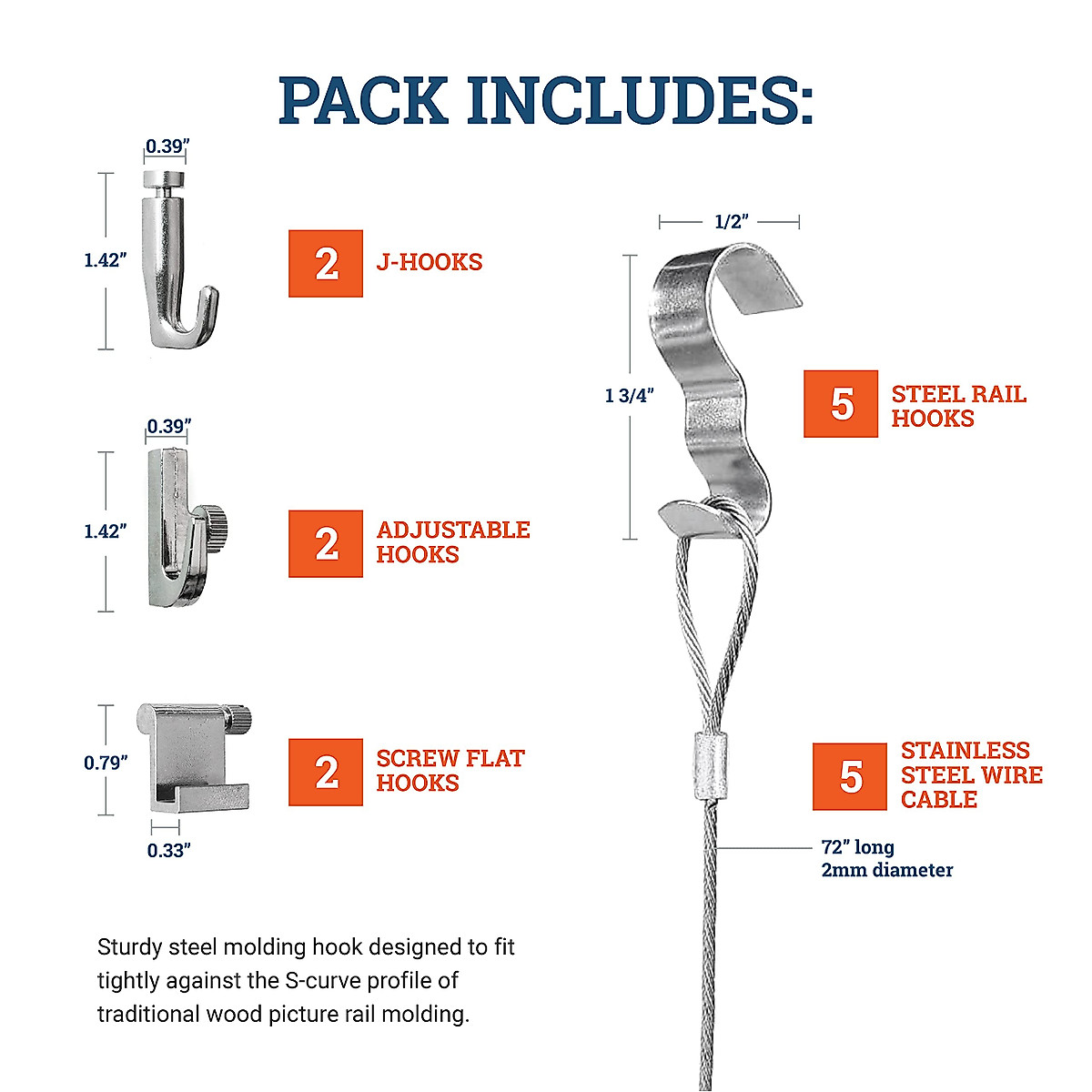 Picture Rail Molding Hooks and Wire - 5 Pack - Includes Silver Rail Hooks, Wire Cables and Adjustable Frame Hangers