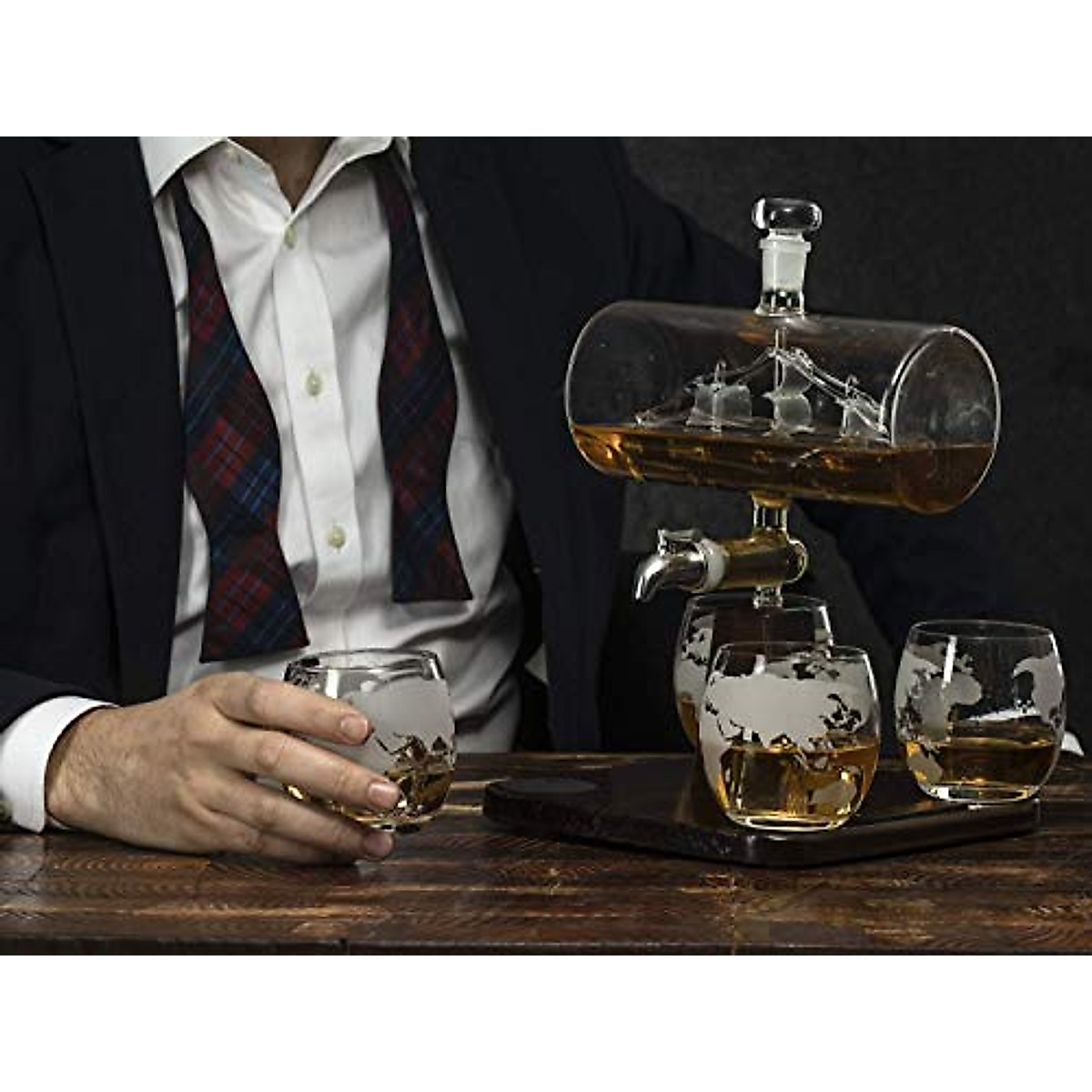 Whiskey & Wine Decanter Gifts for Men & Dad, Ship Decanter 1000ml, Set with 4 Globe Drinking Glasses - Cool Liquor Dispenser for Home Bar Unique Birthday Gift Ideas from Wife, Daughter, Son Present