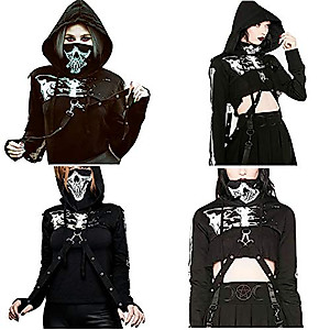 Women Gothic Skeleton Print Hoodies Mask Bandage Crop Top Lace Up Pullover Sweatshirt for Rave Festivals Streetwear