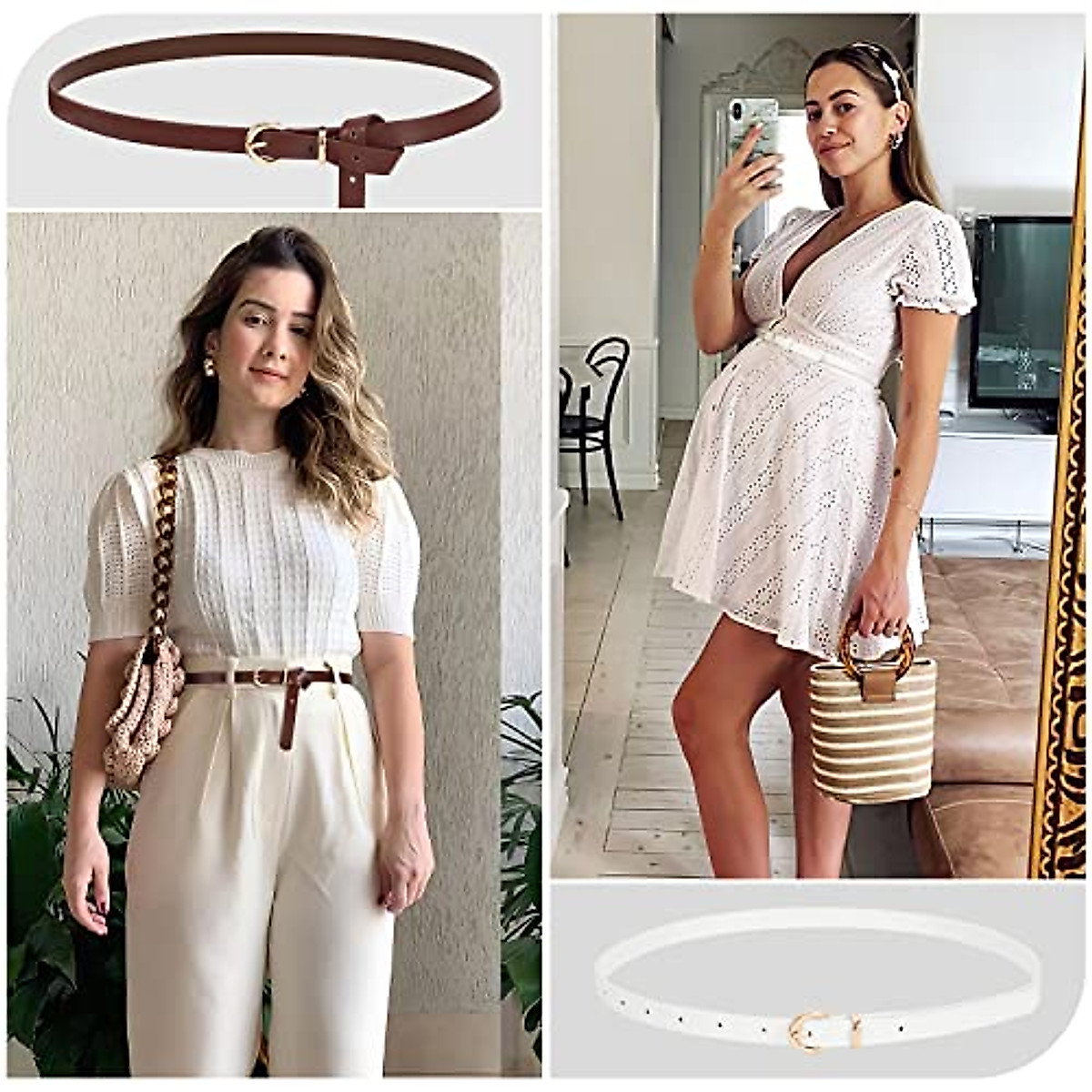 XZQTIVE 4 Pieces Women Thin Leather belt for Dress Pant Jeans Short Skinny Waist Belts With Gold Circle Buckle