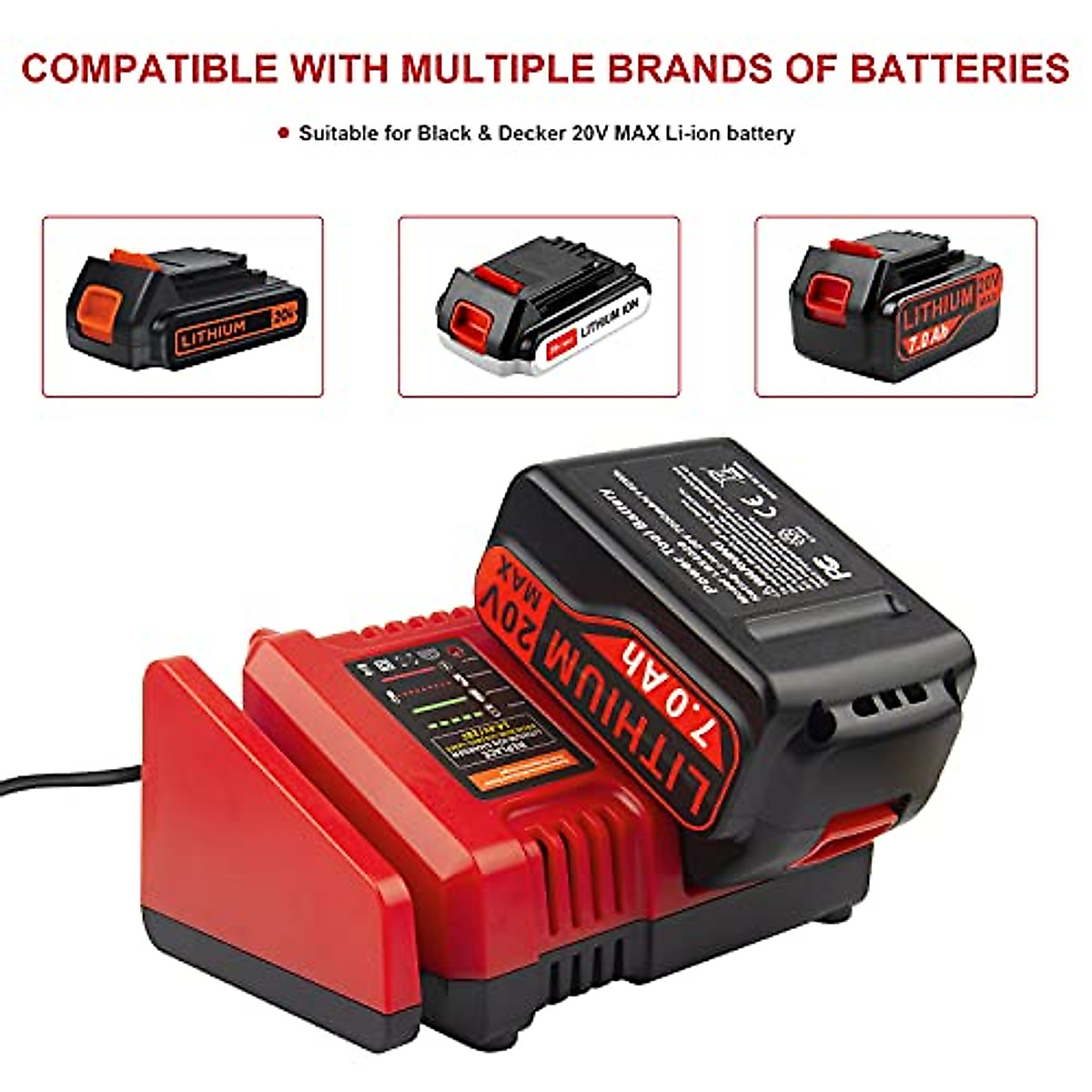 Super Fast 20V Charger for Black+Decker Tools 20V MAX Lithium Battery Charger, (BDCAC202B), LBXR20, LBXR2020, LBXR2020-OPE, LBX4020, LB2X4020, LB2X4020-OPE, LB20, LBX20, LBXR2520