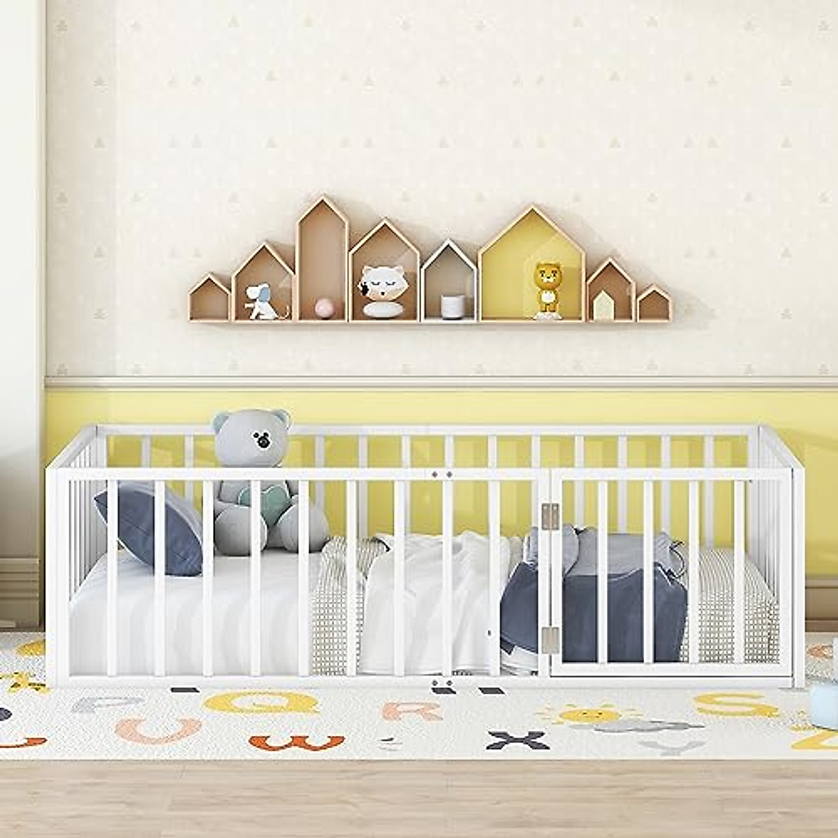 NCKMYB Kids Floor Bed Twin Size, Metal Montessori Bed with Rails and Door, Low Toddler Bed for Boy Girl, White