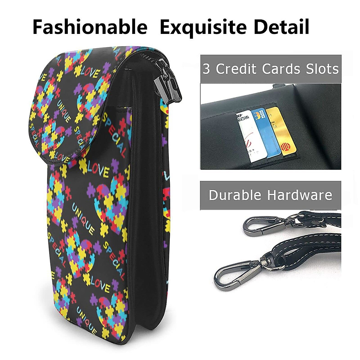 Aiyoolee Womens Small Crossbody Bag Colorful Autism Awareness Puzzle Pieces Heart Black, Smart Phone Pouch, Soft Leather Shoulder Bag for Passports Coin Card with Zipper and Adjustable Strap