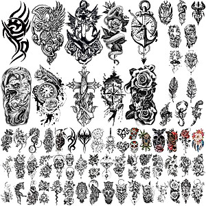 Yazhiji 70sheets Waterproof Temporary Tattoo for Girls or Boys Kids 10sheets Larger Half Arm Rose Snake Clock Fake Tattoos for Men or Women And 60 sheets Tiny Bird Flower Owl Deer Tat Sticker