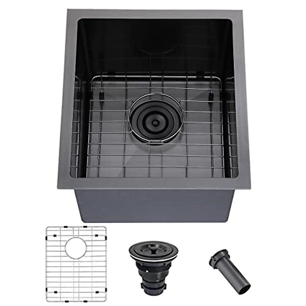Comllen 15 x 17 inch Black Bar Sink Undermount，Black Stainless Steel Wet Bar Prep Sink Small Kitchen Sink Single Bowl RV Sink with Bottom Grid and Strainer-KYL001B