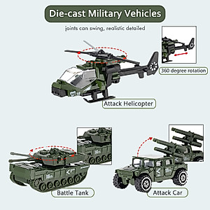Shellvcase Diecast Military Vehicles, 6 Pack Army Toys Assorted Alloy Metal Model Cars Tank,Helicopter,Panzer,Anti-Air Vehicle Playsets Gift for Boys Kids Age 6 7 8 9 10