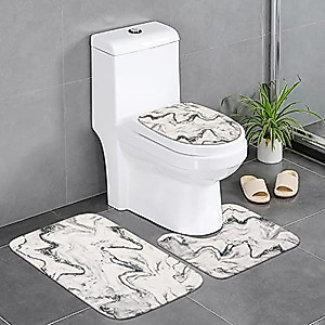 Claswcalor 4 Pcs Grey Marble Shower Curtain Sets with Non-Slip Rug, Toilet Lid Cover and Bath Mat, Abstract White and Gray Shower Curtain with Hooks, Modern Luxury Shower Curtains for Bathroom Decor