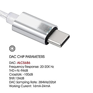 FAAEAL Type-C to 3.5mm DAC Cable Decoding Headphone Converter Gold-Plated Female Seat Earphone Amplifier Braided/Silver-Plated Wire Audio Adapter for Win10 Android Tablet PC Earphones (Silver)