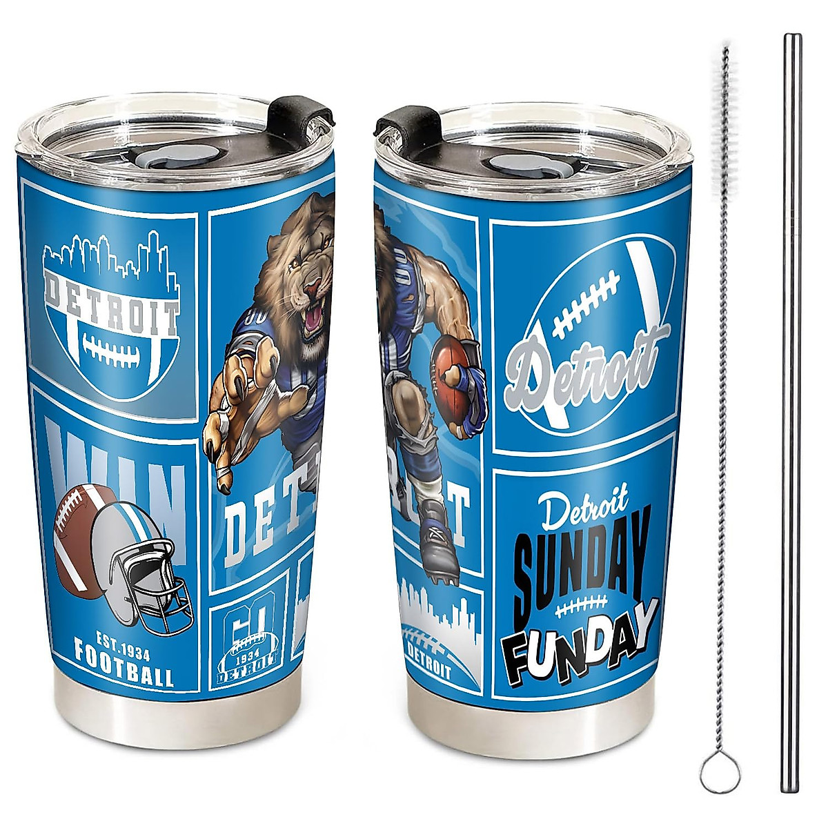 20oz Insulated Stainless Steel Tumbler, Coffee Travel Mug, Sports Style Double Wall Powder Coated Insulated Coffee Mug Travel Mug with with Lid and Straw Thermal Cup for Detroit