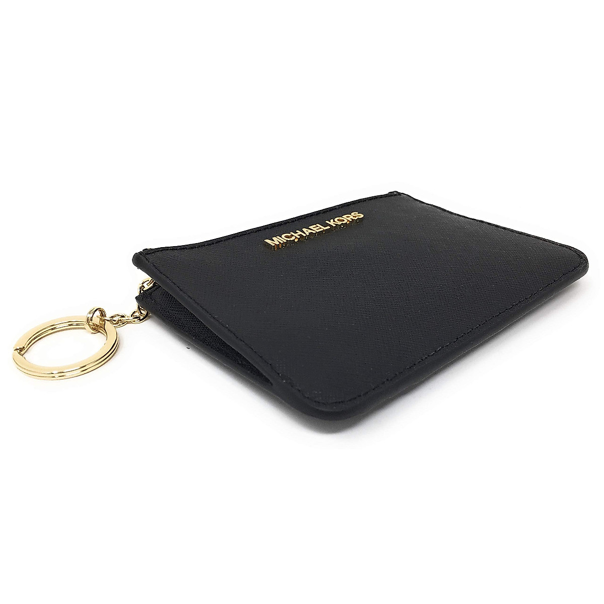 Michael Kors Jet Set Travel Small Top Zip Coin Pouch with ID Holder in Saffiano Leather (Black with Gold Hardware)