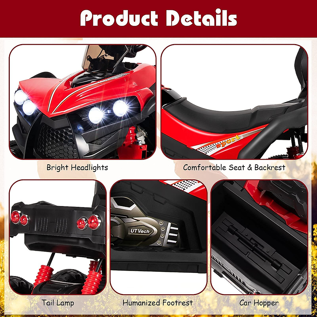Costzon Kids ATV, 12V Battery Powered 6 Wheels Electric Vehicle w/ 4WD, Back Trunk, LED Lights, Music, Story, USB, Backrest, Treaded Tires, Ride on Car Quad for Boys & Girls Gift, Ride on ATV (Red)