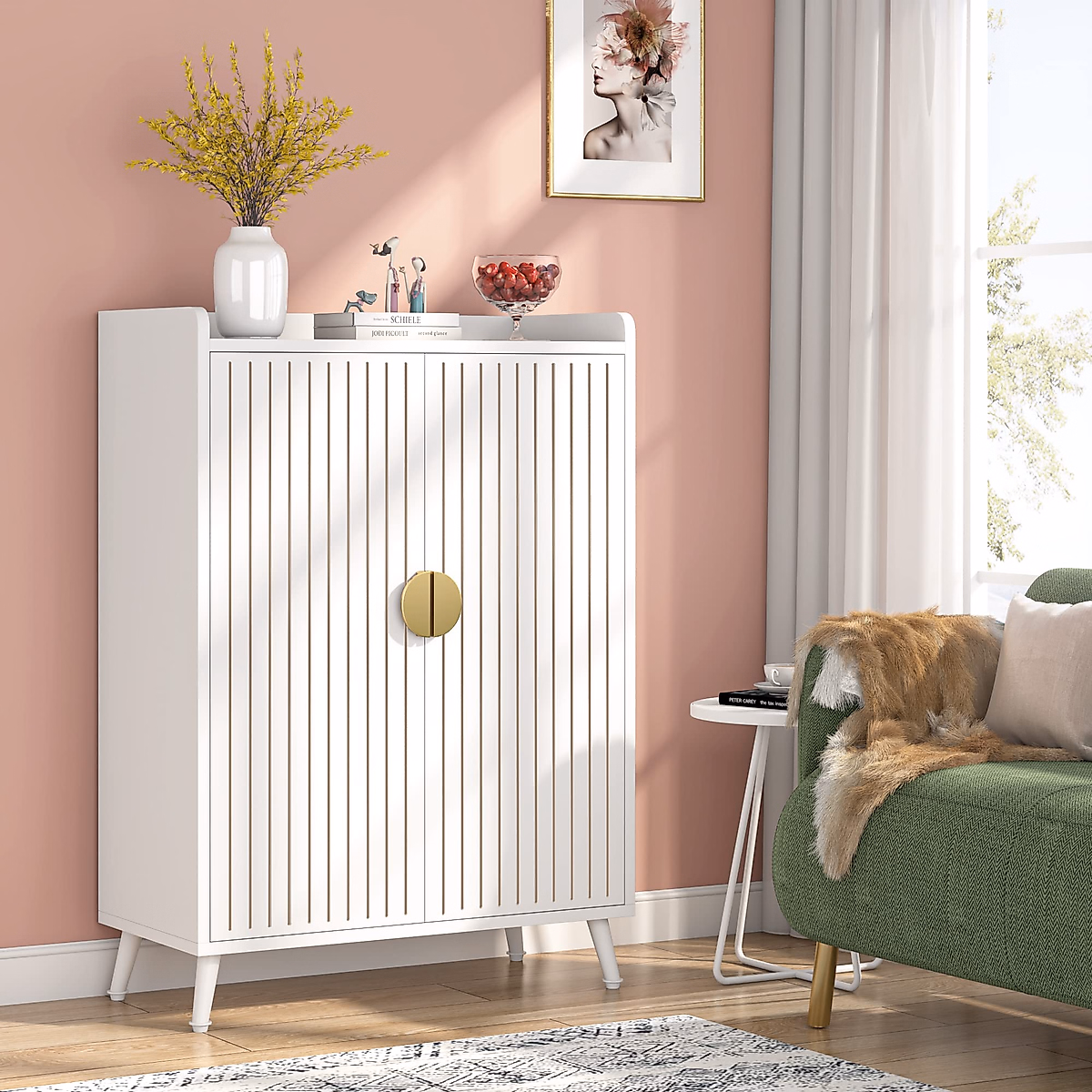 Shoe Cabinet with Doors, Shoe Storage Cabinet with Adjustable Shelves,Wooden Shoe Storage Organizer for Entryway, Living Room,Hallway, Closet, White&Gold