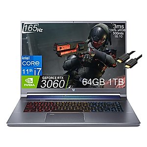 acer Predator Helios Triton 500 SE Gaming Laptop (16 inches QHD+ 165Hz, Intel 8-Core i7-11800H, 64GB RAM, 1TB SSD, RTX 3060 6GB), 3-zone RGB Backlit, IST Cable, Win 10 Home / 11 Home - Steel Gray