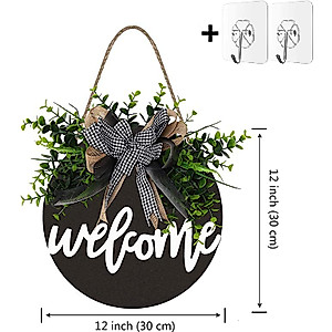 Welcome Sign Welcome Front Door Round Wood Sign Hanging Welcome Sign for Farmhouse porch Spring Welcome Sign Front Door Decoration （Blackboard welcome） (Black Hello, Black 12 inches)