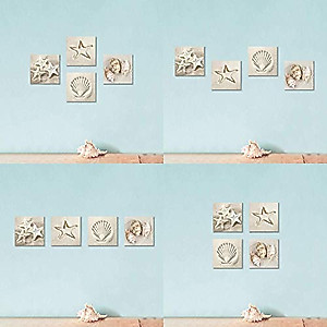 Coastal Serene Canvas Wall Art: Shells on Beach Sand Giclee Print Painting for Wall Decor for SPA Room (12''x12''x4pcs)