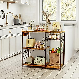 EasyCom Bakers Rack with Power Outlet, Microwave Stand, Kitchen Storage with Pull-Out Basket 6 S-Shaped Hooks, Microwave Cart for Kitchen, Coffee Bar, Office, Rustic Brown