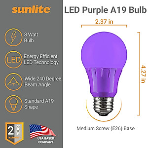 Sunlite 40946 LED A19 Colored Light Bulb, 3 Watts (25w Equivalent), E26 Medium Base, Non-Dimmable, UL Listed, Party Decoration, Holiday Lighting, 6 Count, Purple