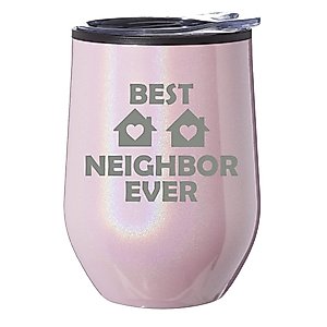 Stemless Wine Tumbler Coffee Travel Mug Glass With Lid Gift Best Neighbor Ever Funny (Pink Glitter)