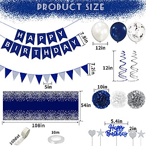Navy Blue Silver Birthday Decorations for Men, Blue Birthday Party Supplies with Tablecloth Happy Birthday Banner Confetti Balloons Paper Pom Poms Hanging Swirls Cake Toppers