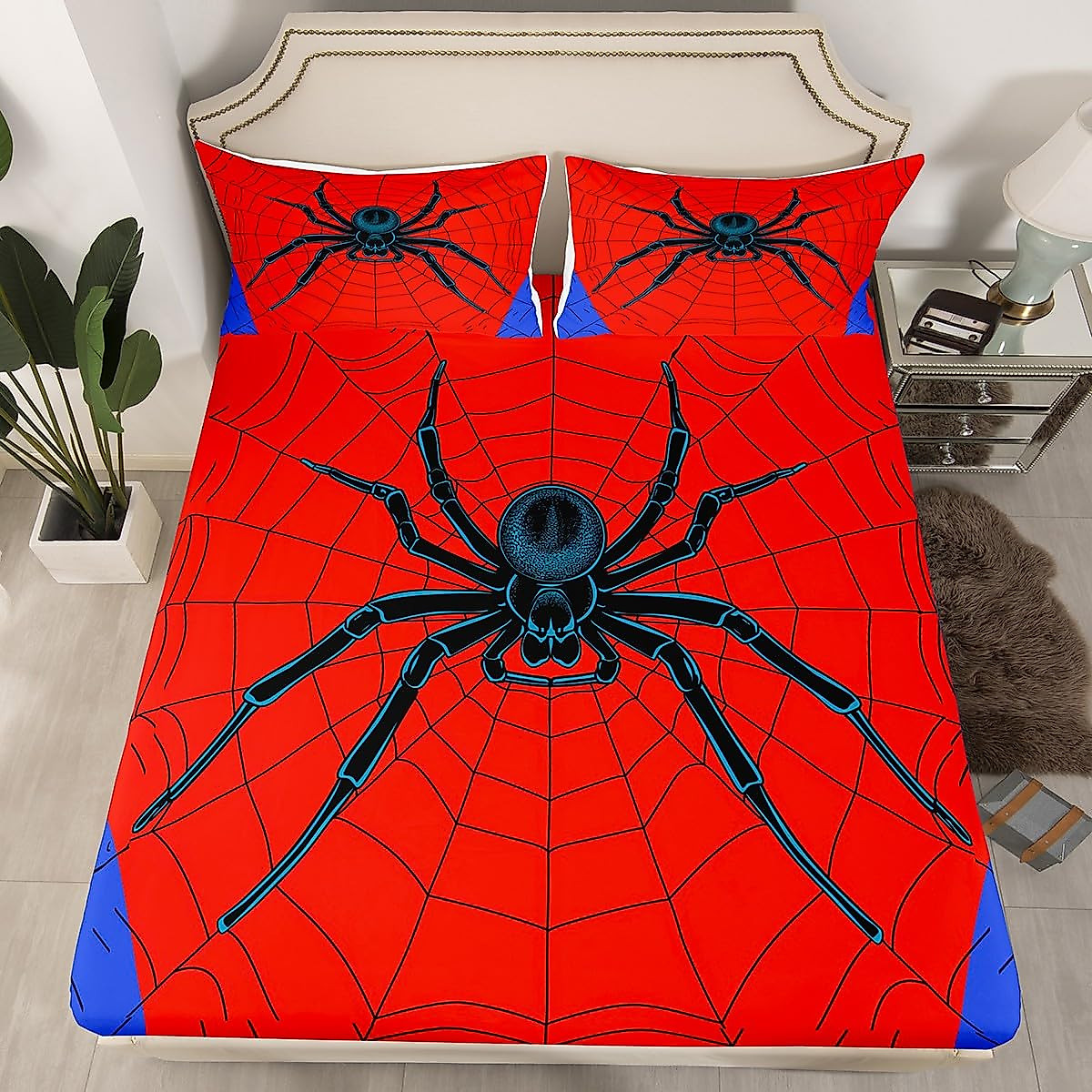 Spider Web Kids Sheet King Size,Black Spider Arachnid Insect Animals Bedding Set,Boys Girls Women Men Room Decor,Happy Halloween Red Blue Fashion Bed Sheet Set 4pcs(Fitted + Flat + 2 Pillowcases)