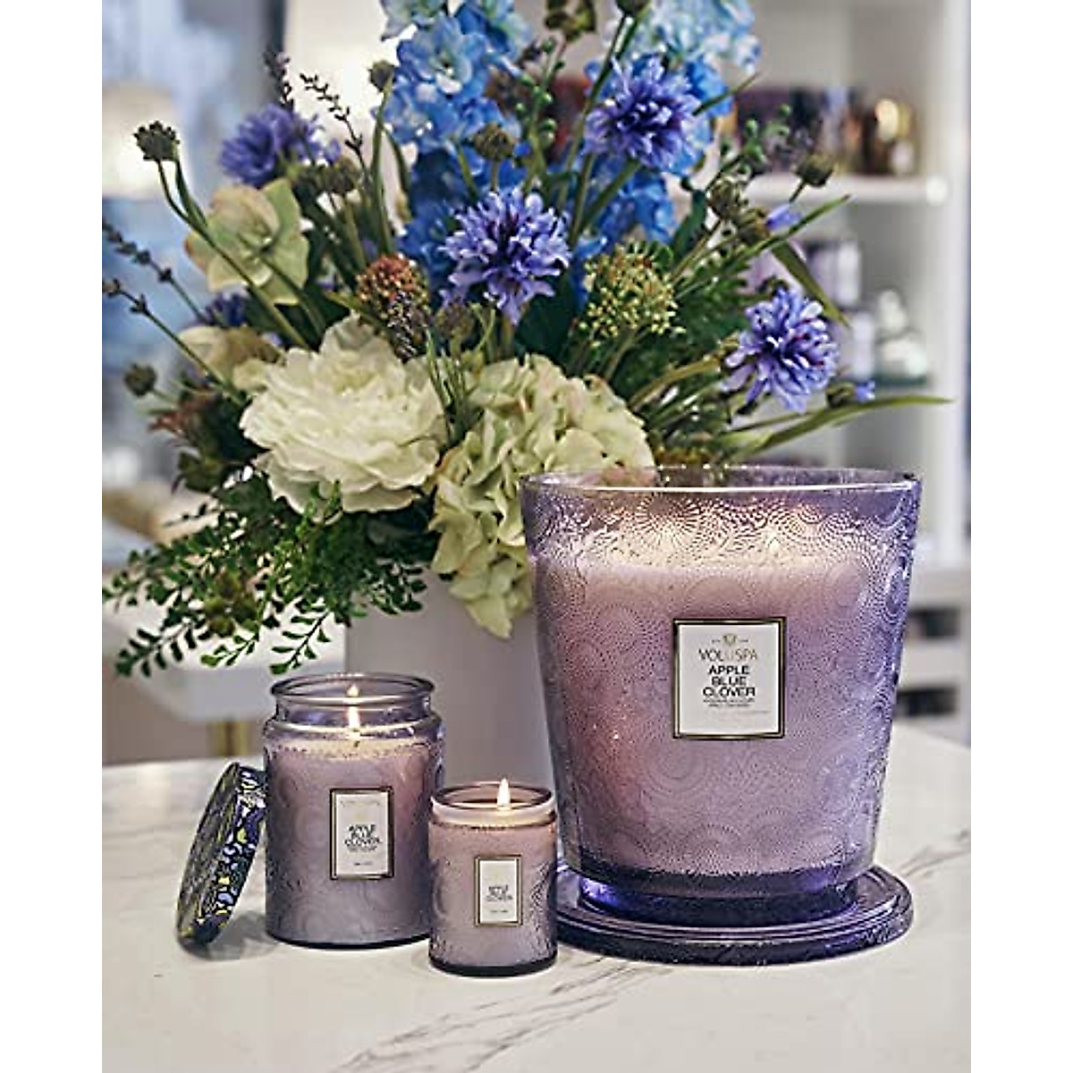 Voluspa Apple Blue Clover Candle | Small Glass Jar with Matching Glass Lid | 5.5 Oz | All Natural Wicks and Coconut Wax for Clean Burning | Vegan