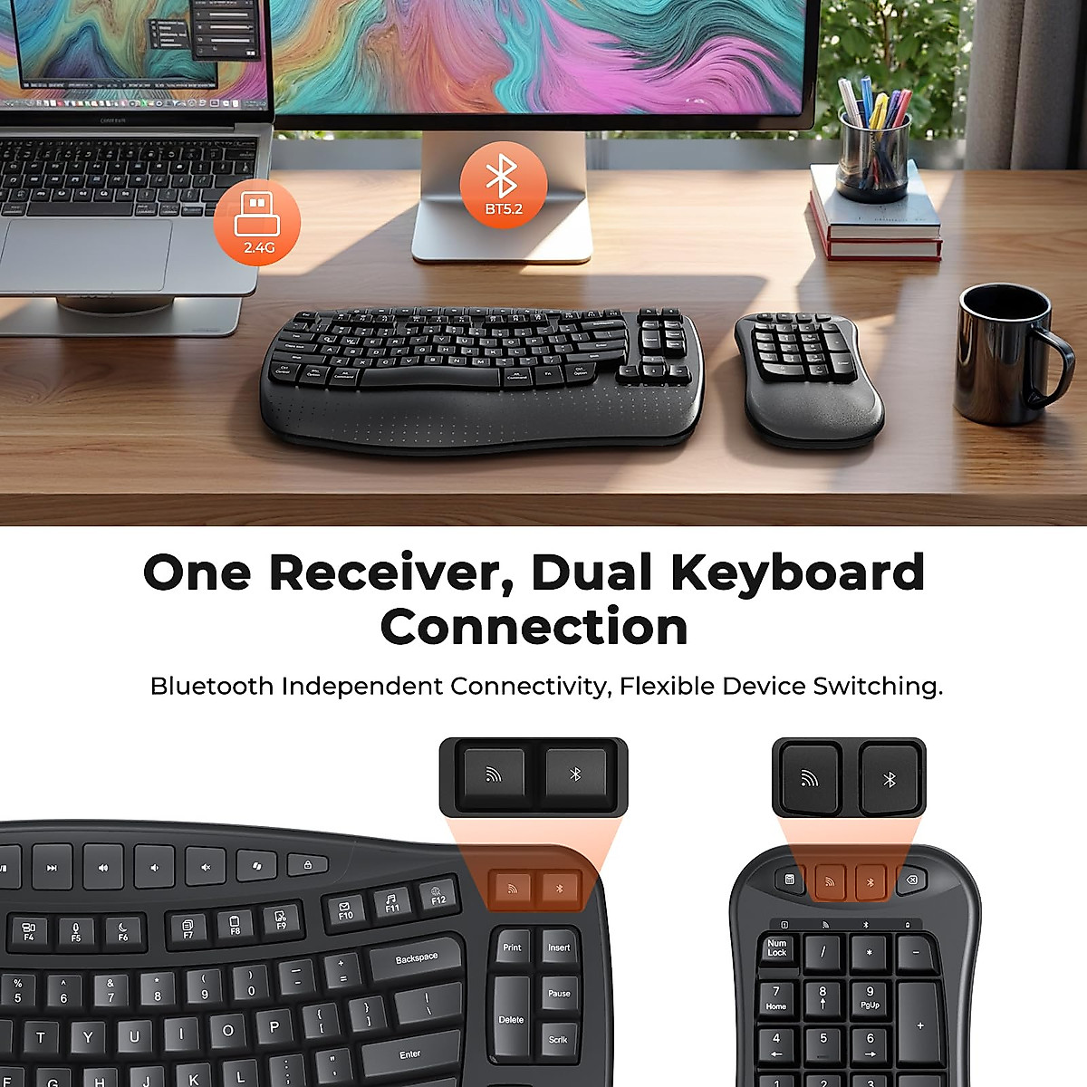 MEETION Ergonomic Wireless Keyboard with Separate Numeric Keypad, Wave Flexible 2-in-1 Setup for Multi-Device, 2.4G/Bluetooth Split Design with Wrist Rest for Accountants/Data Entry/Left-Handed User