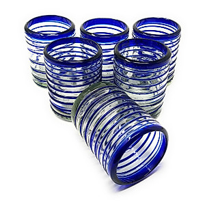 Hand Blown Mexican Drinking Glasses – Set of 6 Tumbler Glasses with Blue Spiral Design (10 oz each) …