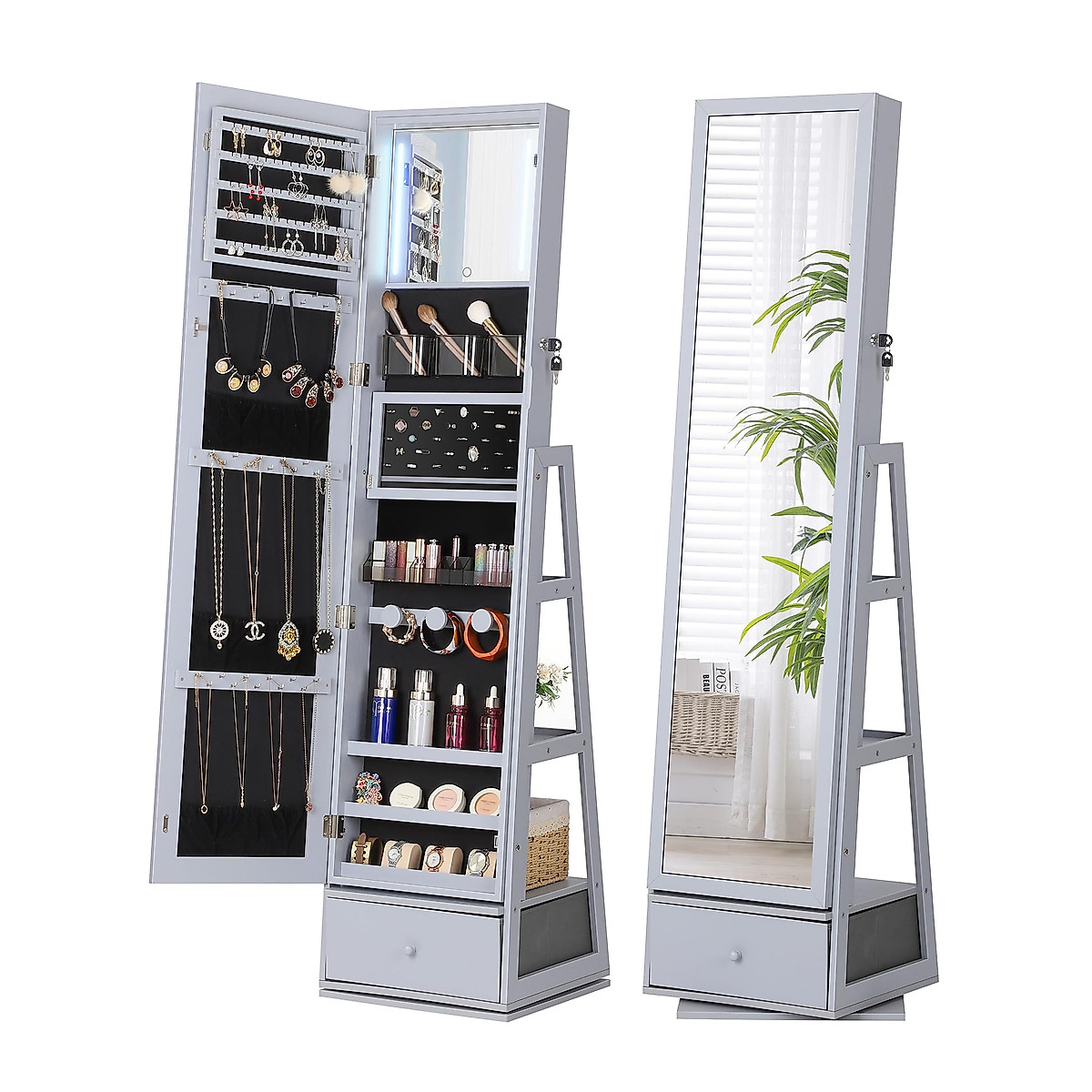 Nicetree 360° Swivel Jewelry Cabinet with Lights, Touch Screen Vanity Mirror, Rotatable Full Length Mirror with Jewelry Storage, Standing Jewelry Armoire Organizer, Foldable Makeup Shelf,Gray