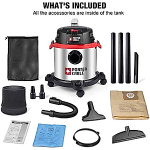 Porter-Cable Wet/Dry Vacuum 5 Gallon 4HP Stainless Steel Light Weight Portable, 3 in 1 Function with Attachments, Silver+Red, Model: PCX18406-5B