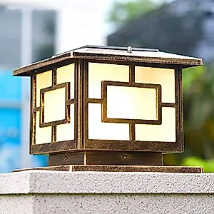 Led Solar Three-Color Dimming Outdoor Column Lamps Industrial Square Glass Post Lights Street Home Door Garden Lighting Pillar Lights(Color:Brass,Size:L)
