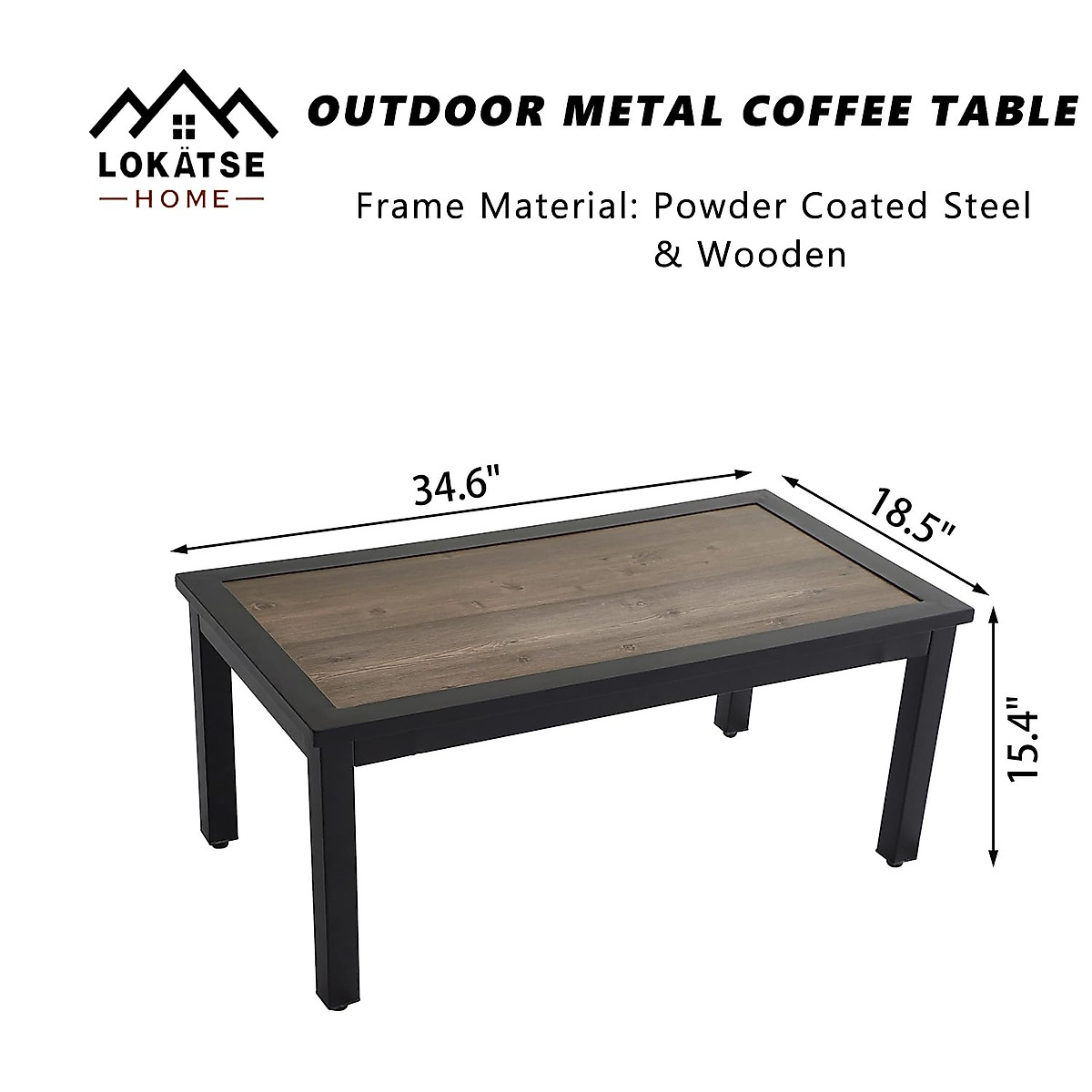 LOKATSE HOME Outdoor Rectangular Metal Coffee Table Patio Furniture with Wood Grain Top for Backyard, Deck, Lawn, Garden, Black