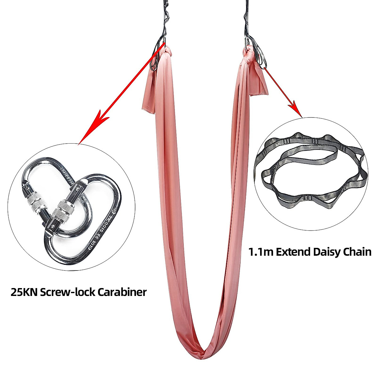 PRIOR FITNESS Yoga Straps Aerial Hammock Accessory Set, 2pcs Daisy Chain + 2pcs Carabiner, Aerial Silk Hardware with Daisy Chain Carabiner for Yoga Swing Pilates