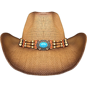 Western Outback Cowboy Hat Men's Women's Style Straw Felt Canvas Brown/Blue Gemstone (ST-18-BR)