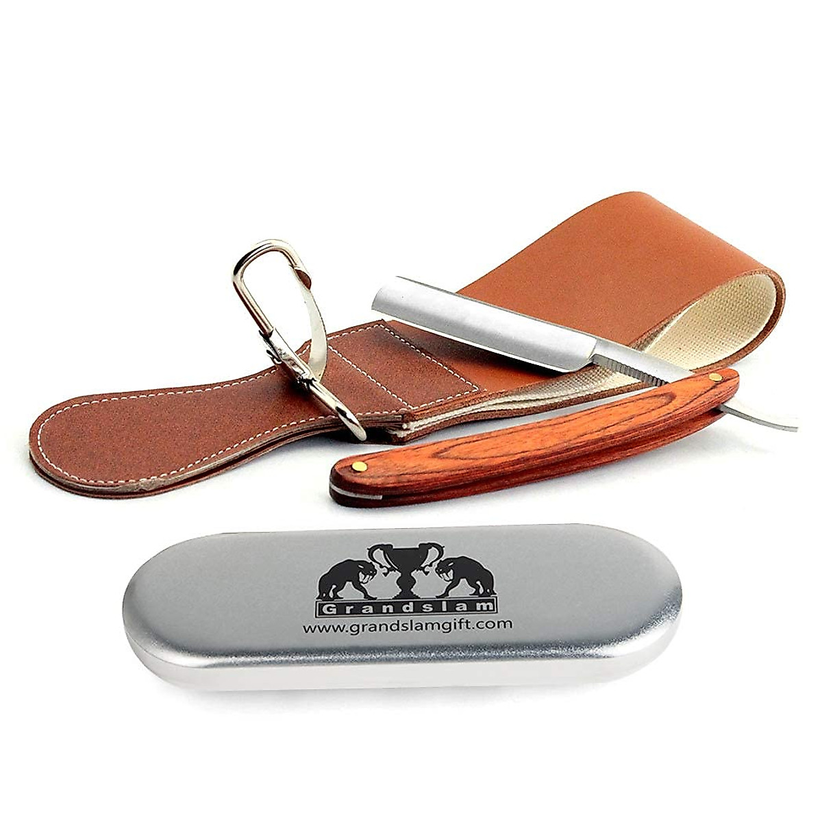 Grandslam Pro Natural Wooden Handle 420 Stainless Steel Straight Razor with Premium Leather Strop,Straight Razor Shaving Kit for Men,2 Layers Leather Canvas Strop Sharpening Strop Brown