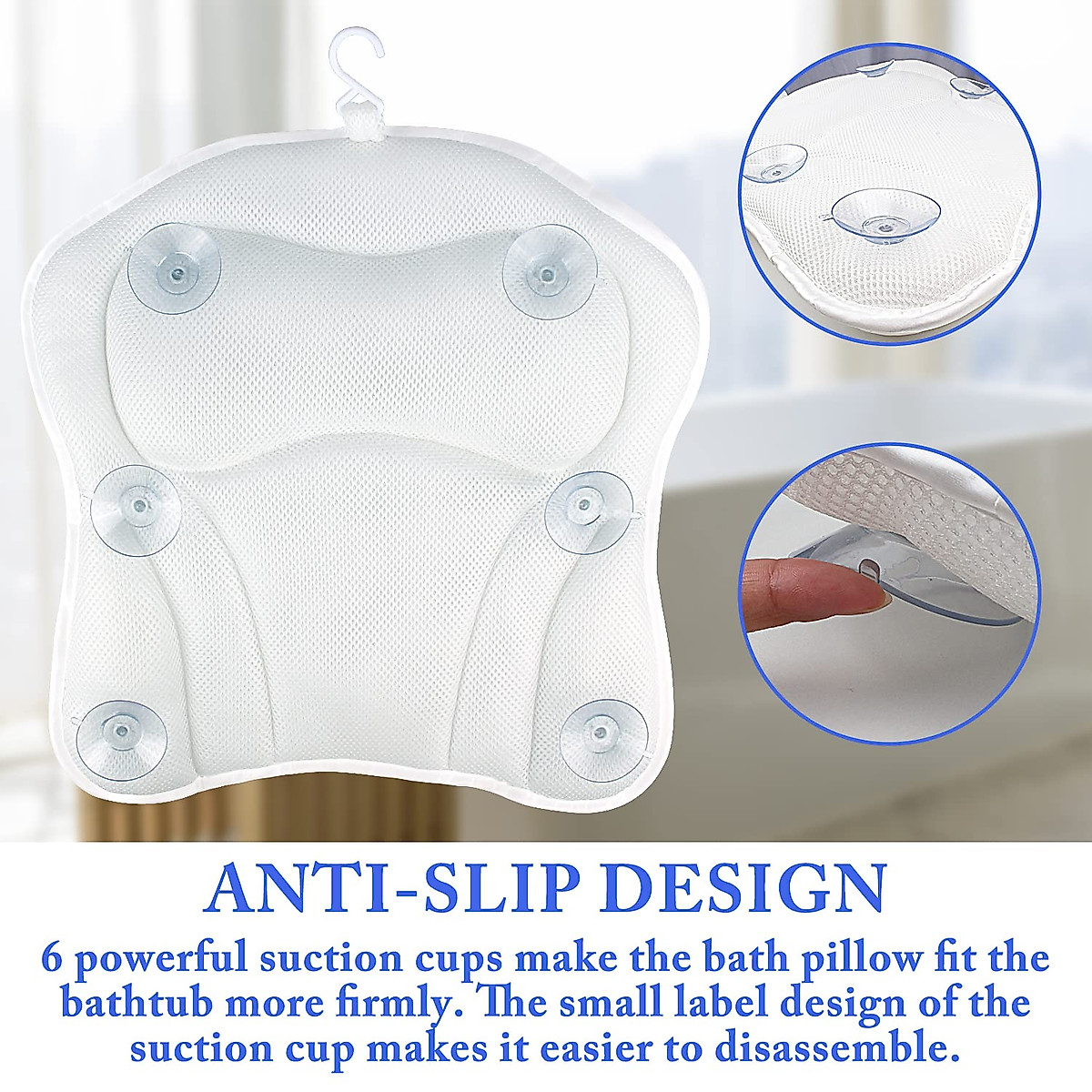 CAYCOIN Bath Pillow for Tub Comfort Bathtub Pillow, Ergonomic Bath Pillows for Tub Neck and Back Support with 6 Suction Cups, Ultra-Soft 4D Air Mesh Design SPA Tub Bath Pillow