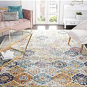 SAFAVIEH Madison Collection 8' Square Cream/Multi MAD611B Boho Chic Floral Medallion Trellis Distressed Non-Shedding Living Room Bedroom Dining Home Office Area Rug