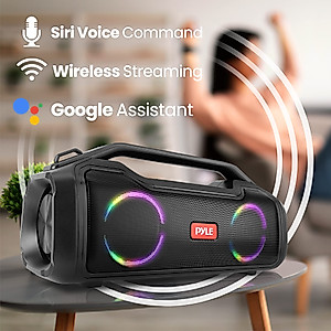 Pyle Wireless Portable Bluetooth Boombox Speaker - 40W 2Ch Waterproof Rechargeable Speaker Loud Stereo System w/ Google Assistant / Siri Voice Control, TWS Function, Micro SD, RGB Lights - PBMKRG155