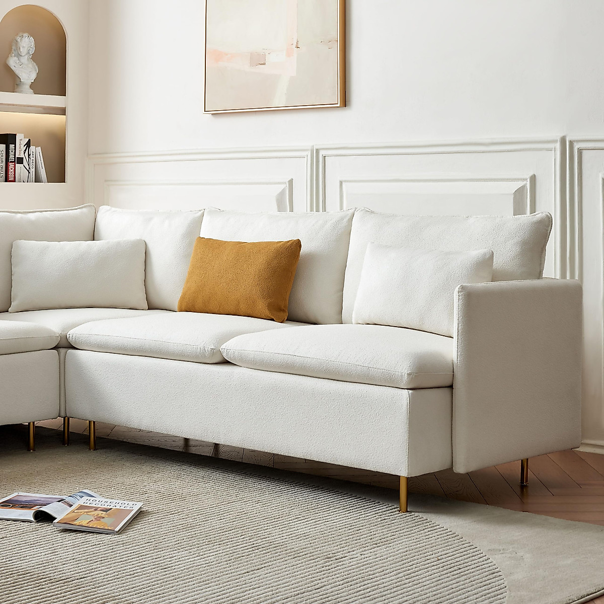 Pamag pieeoo L Shaped Sectional Couch Sofa, 5 Seat Sofas with 5 Waist Pillow, Mid Century Modern Sectional Couches for Living Room, Small Apartments and Office (Beige)