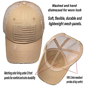 Antourage American Flag Unconstructed Hat for Men and Women Twill Mesh Snapback Baseball USA Flag Cap + 2 Patriotic Patches ((10) Khaki Distressed Mesh Snapback)
