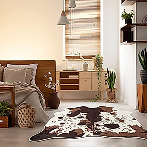 FALARK INC Premium Faux Cowhide Rug, 4.6ft x 5.2ft Cow Print Rugs for Living Room Bedroom, Cute Animal Print Carpet Western Home Decor Rug, Upgraded Non-Slip Soft Cow Skin Rugs, Brown and White